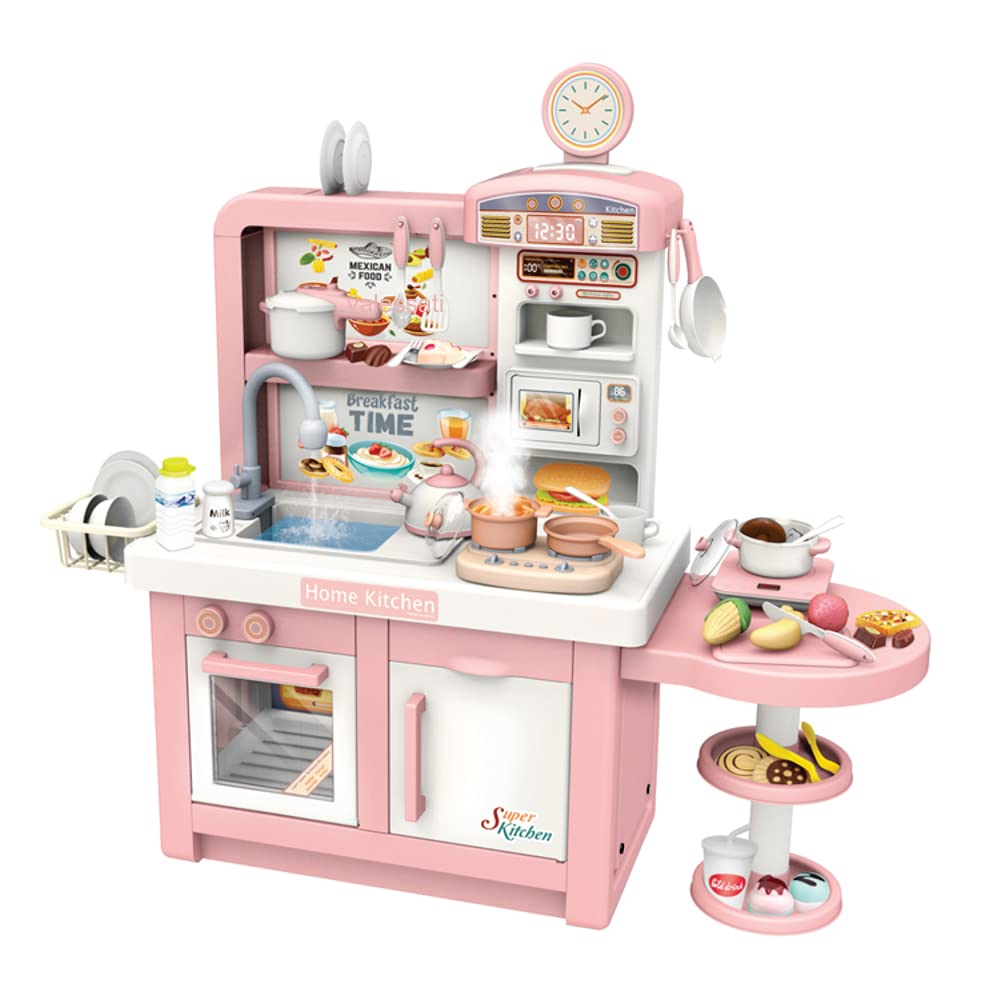 Big Modern Kitchen Set for Kids 49 pcs Pretend Play Cook with Sink, Light, Sound, Cutting Food, steam and Water Features, by VALESSATI