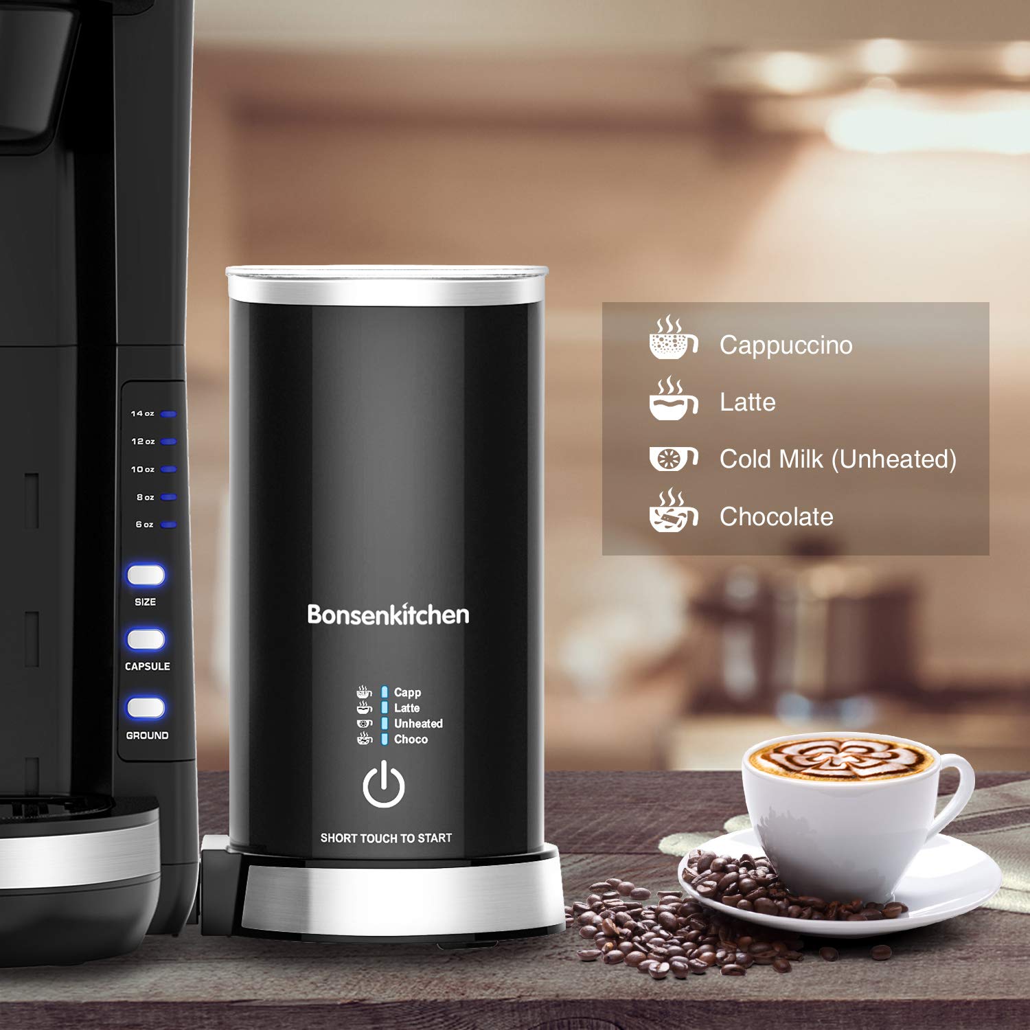 Bonsenkitchen Singles Serve Coffee Makers With Milk Frother, 2-In-1 Coffee Machine For K Cup Pod & Coffee Ground, Latte and Cappuccino Maker, Built in Portable Electric Milk Steamer