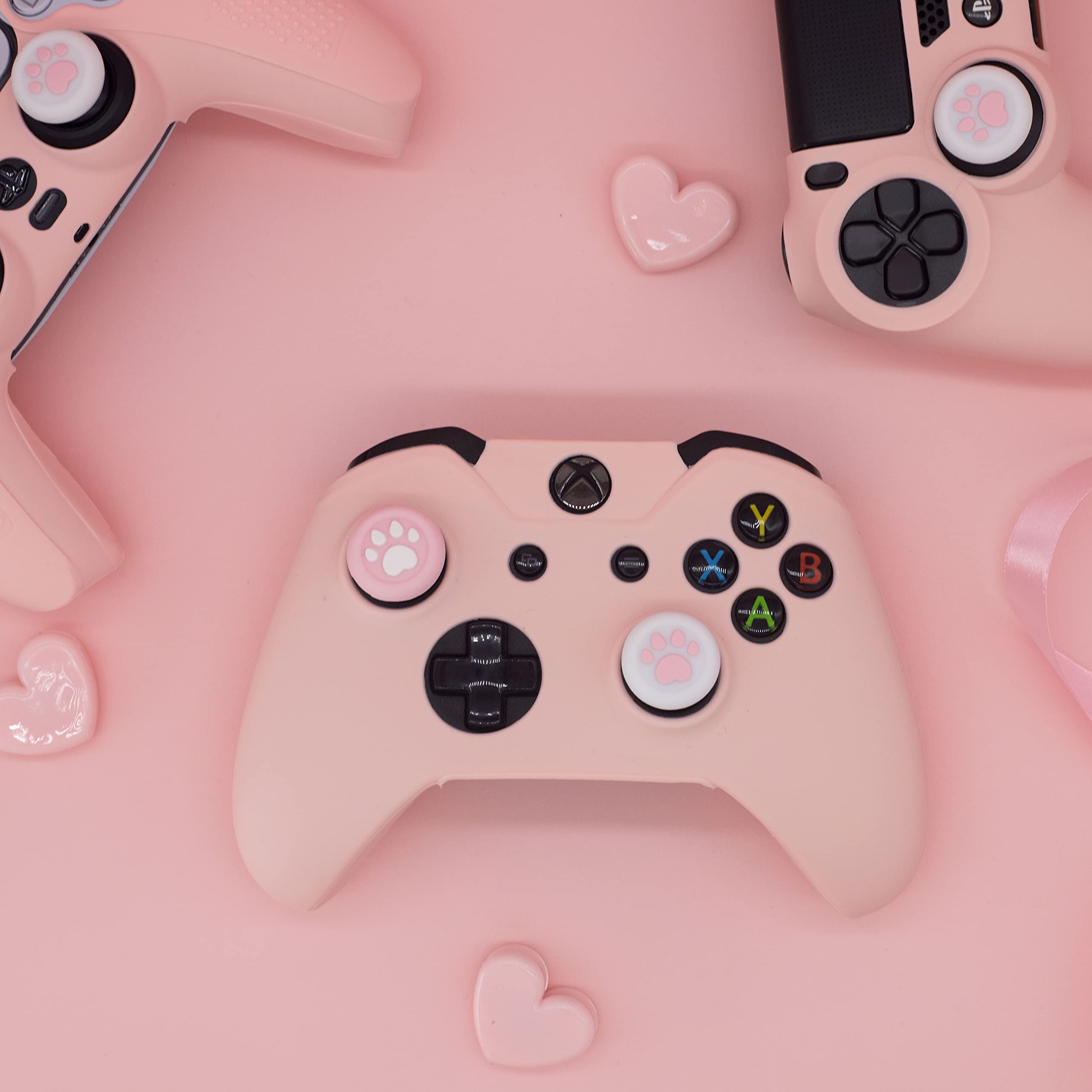 BRHE Cute Skin Cover for Xbox One / Series X/S Controller Anti-Slip Silicone Grip Protective Case Accessories Set Wireless/Wired Gamepad Joystick with 2 Cat Paw Thumb Grips Caps (Pink)