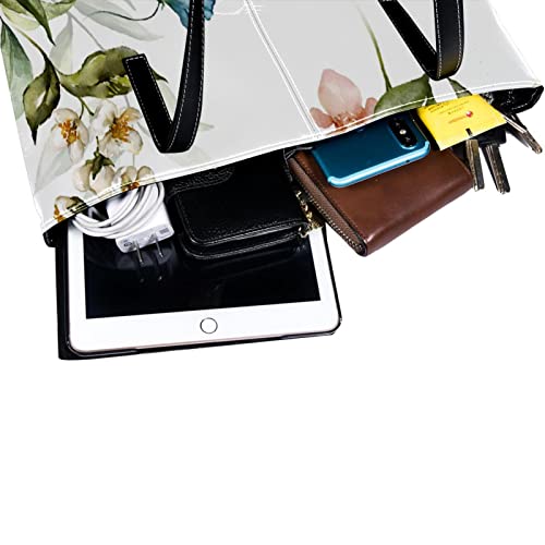 Beautiful Flowers Pattern Tote Bag for Women Girls, Leather Shoulder Bag with Inside Pockets, Zip Top Handbags
