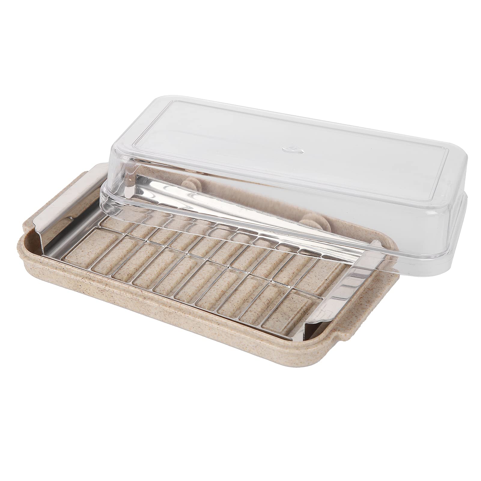 Butter Dish, Butter Storage Container with Transparent Lid, Butter Keeper with Stainless Steel Butter Cutter, Plastic Butter Keeper Tray for Home or Camping