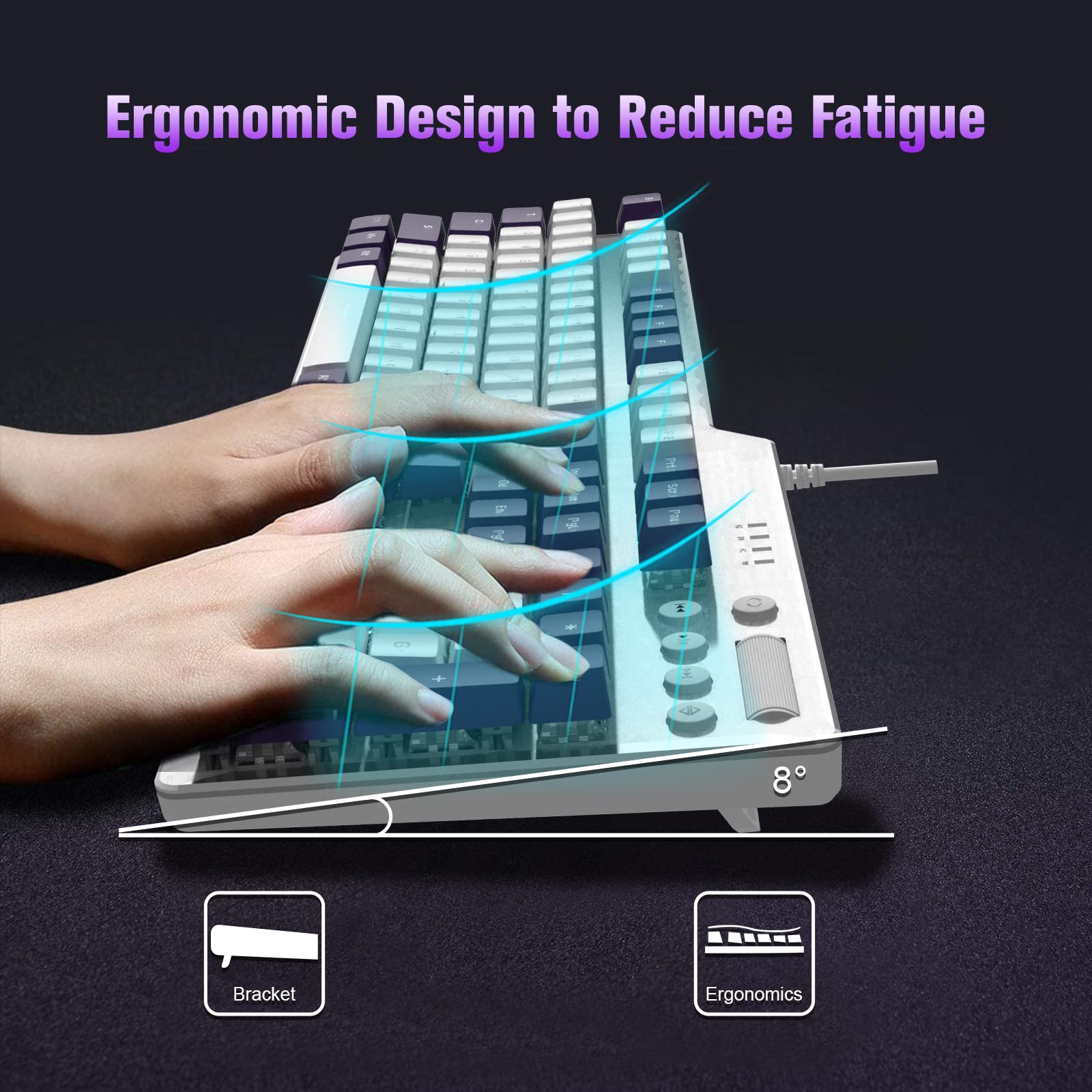 Mechanical Gaming Keyboard Hot Swappable with Multi Monochromatic Backlight 104Key Anti-ghosting Ergonomic Metal Plate Multimedia Key USB Wired for PC Mac Gamer Office Typist(Purple White/Blue Switch)