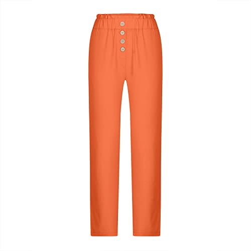 Crop Pants for Women Cotton Linen Pants Summer Casual High Waisted Button Capris Regular Fit Solid Lounge Cropped Pant