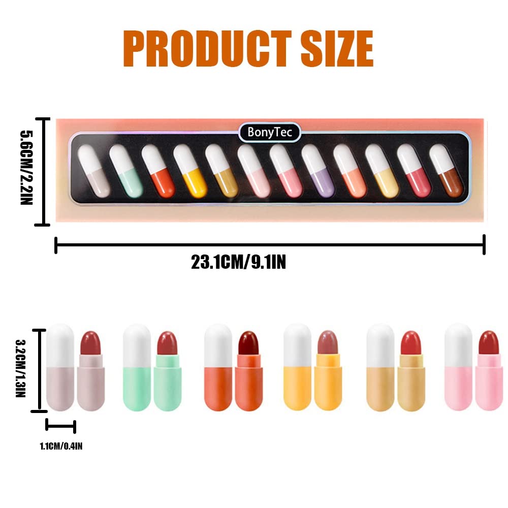 BonyTec MadayFormula Pill Lipstick Mini, 12 Colors Matte Lipstick, Lip Capsules, Waterproof Long Lasting Mini Capsules Lipstick Set Gift for Girls Women