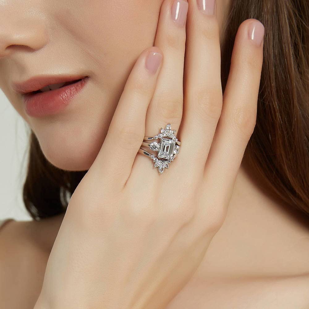 BERRICLE Sterling Silver 3-Stone Wedding Engagement Rings Emerald Cut Cubic Zirconia CZ 7-Stone Ring Set for Women, Rhodium Plated Size 7