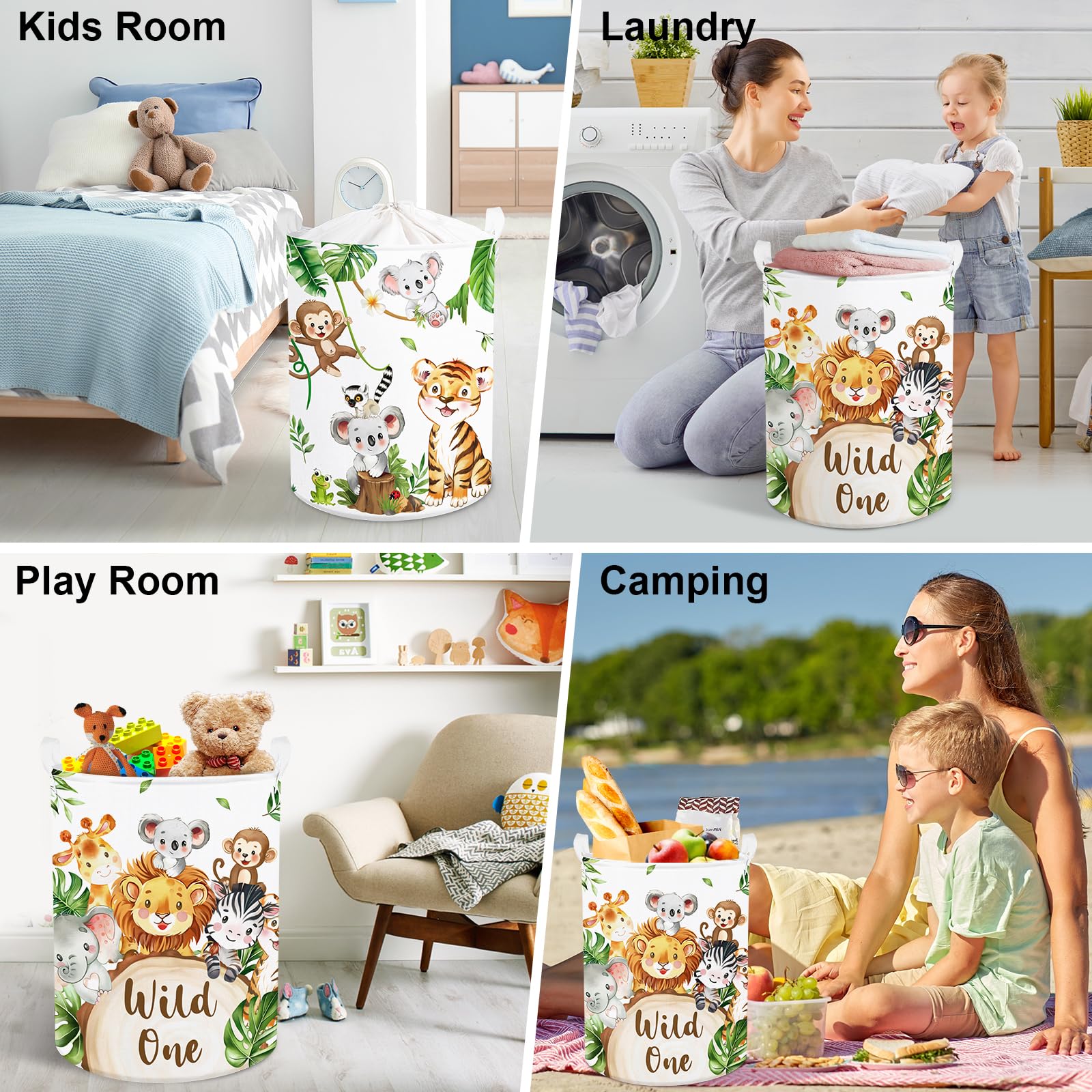 Clastyle 45L Large White Jungle Animals Elephant Kid Laundry Hamper with Handle Collapsible Lion Koala Giraffe Clothes Toy Storage Basket with Lid for Nursery