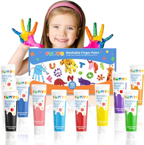 Funto Washable Finger Paint for Kids, Safe & Non-Toxic Finger Painting for Toddlers 1-3, Bath Paint, Toddler Art Painting Supplies, 10 Assorted Colors