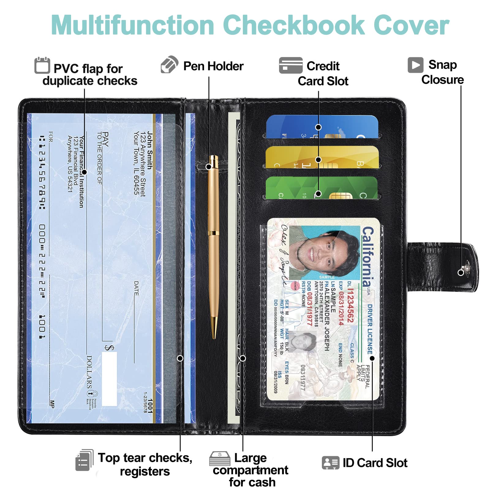 Black Checkbook Covers- Leather RFID Check Registers for Personal Checkbook,Women&Men Wallets with Checkbook Holder Case (Black)