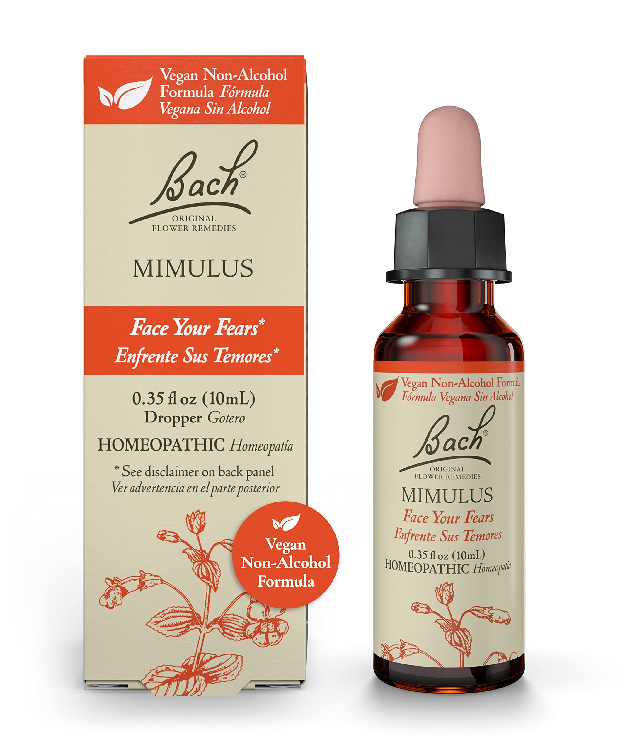 Bach Original Flower Remedies, Mimulus for Facing Fears (Non-Alcohol Formula), Natural Homeopathic Flower Essence, Holistic Wellness and Stress Relief, Vegan, 10mL Dropper