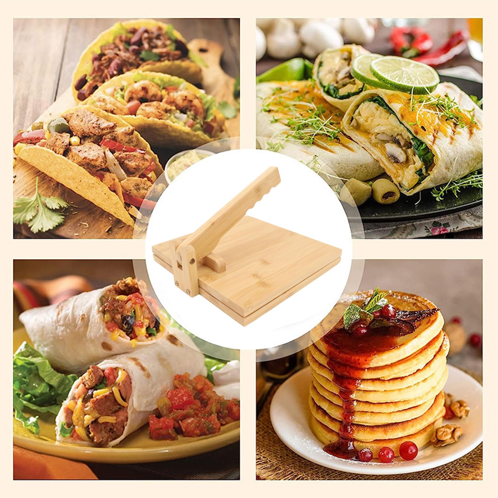 EVGATSAUTO Wooden Tortilla Press Maker, Rustproof Metal Dough Press for Home Kitchen, 50 Sheets Parchment Paper, Pizza Pancake Naan Press, Foodies