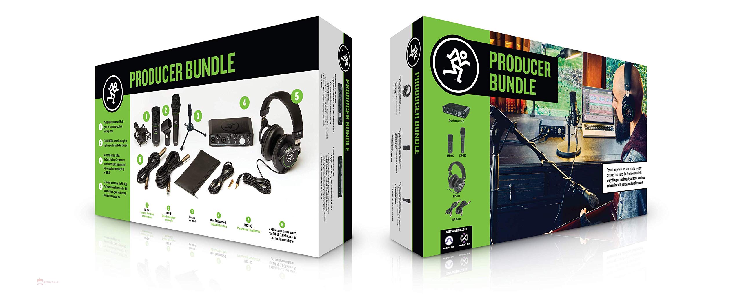 Mackie Producer Bundle with Onyx Producer interface, EM89D dynamic mic, EM91C condenser mic and MC-100 headphones.