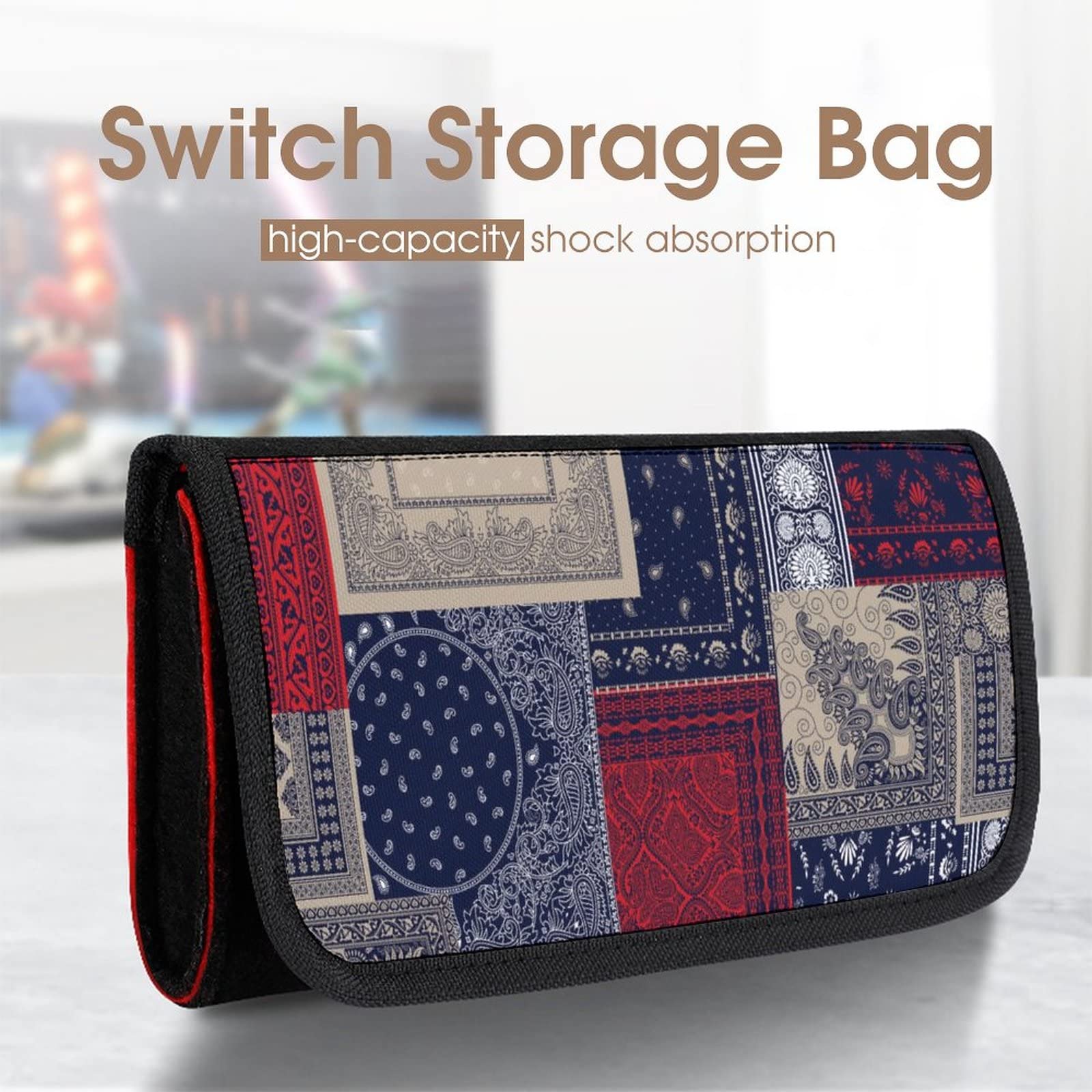 Bandanna Patchwork Pattern Carrying Bag Compatible with Switch Protective Case Slim Felt Pouch with 5 Game Cartridges Holders