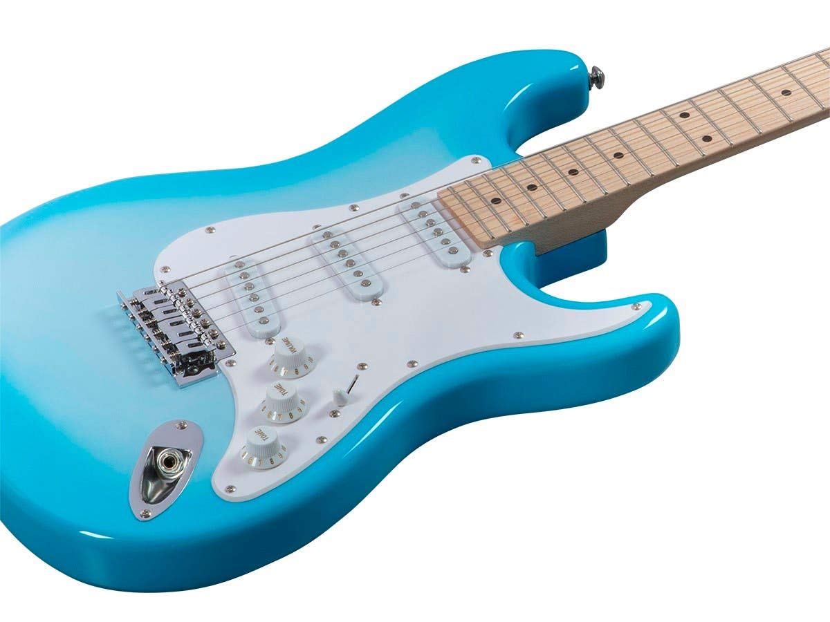Monoprice Cali Classic Electric Guitar - Blue, 6 Strings, Double-Cutaway Solid Body, Right Handed, SSS Pickups, Full-Range Tone, With Gig Bag, Perfect for Beginners - Indio Series