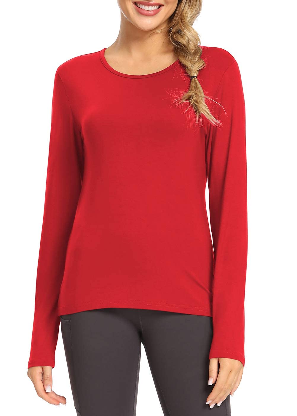 Bestisun Workout Long Sleeve Tops Gym Athletic Long Sleeve Tops Running Gym Dance Wear Thumb Hole Tops Red L
