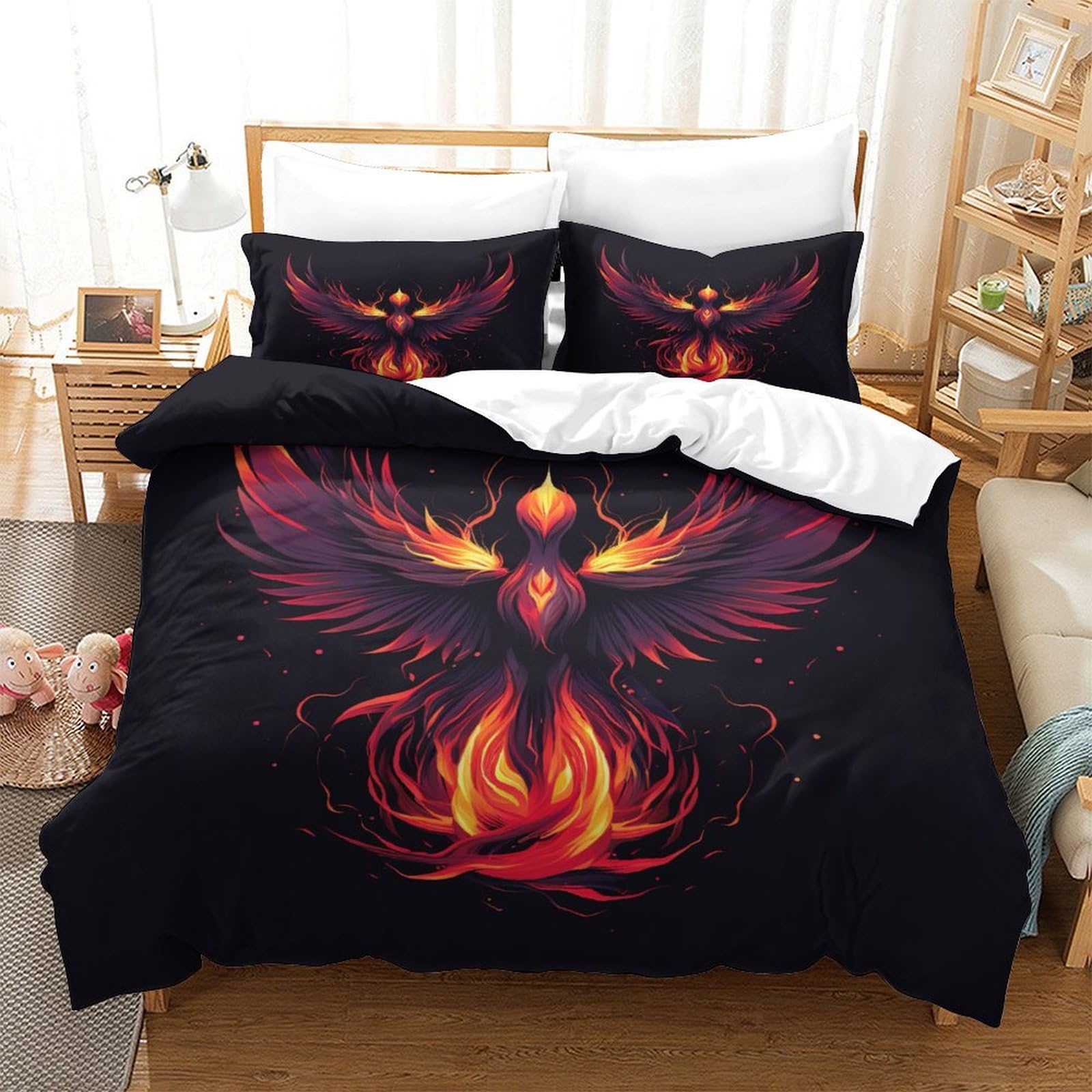 EVMILA Fire Phoenix Bedding Set 3D Printed Comforter Covers Duvet Cover Quilt Cover with Pillowcases for Childrens and Adults 3 Pieces Microfiber with Zipper Closure Twin(173x218cm)