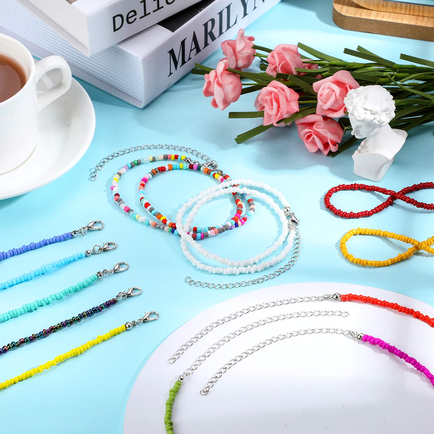 Hicarer 24 Pieces Beaded Choker Boho Seed Bead Necklace Colorful Bead Necklace Bohemian Jewelry for Women