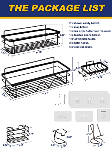 GOJUSO 6-Packs Bathroom Shower Shelves 2 Size Caddy Hair Dryer Holder Wall Mounted Toothbrush Holder Phone Stand for Desk No Drilling Hanging Wall Mount Bathroom Accessories