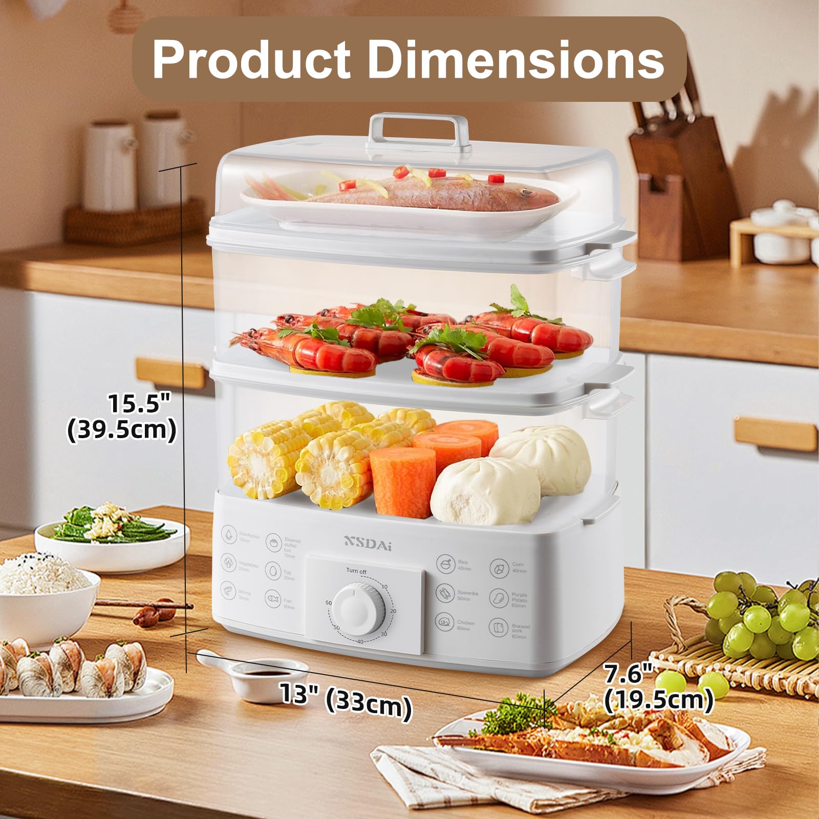 Electric Food Steamer for Cooking, 3 Tier Vegetable Steamer 12.7QT with 60Min Timer, Veggie Steamer with Auto Shutoff & Boil Dry Protection