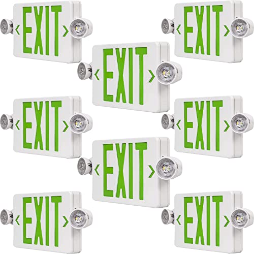 Green LED Exit Sign Emergency Light Combination Adjustable Two Heads and Battery Backup, US Standard Commercial Emergency Exit Lighting, Fire Resistant UL 924 AC 120/277V (8-Pack)