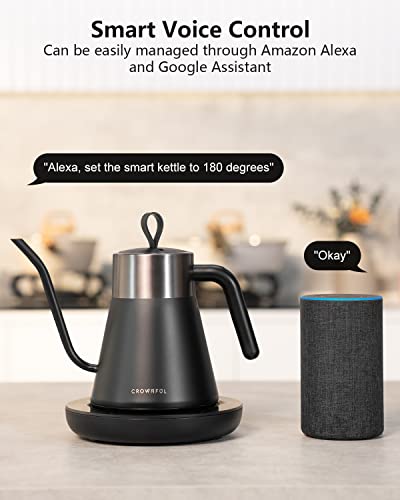 CROWNFUL Smart Electric Gooseneck Kettle with 4 Variable Presets, ±1℉ Temperature Control, 0.8L Capacity, 1200W Quick Heating, 100% Stainless Steel, Pour Over Coffee Kettle, Alexa Control
