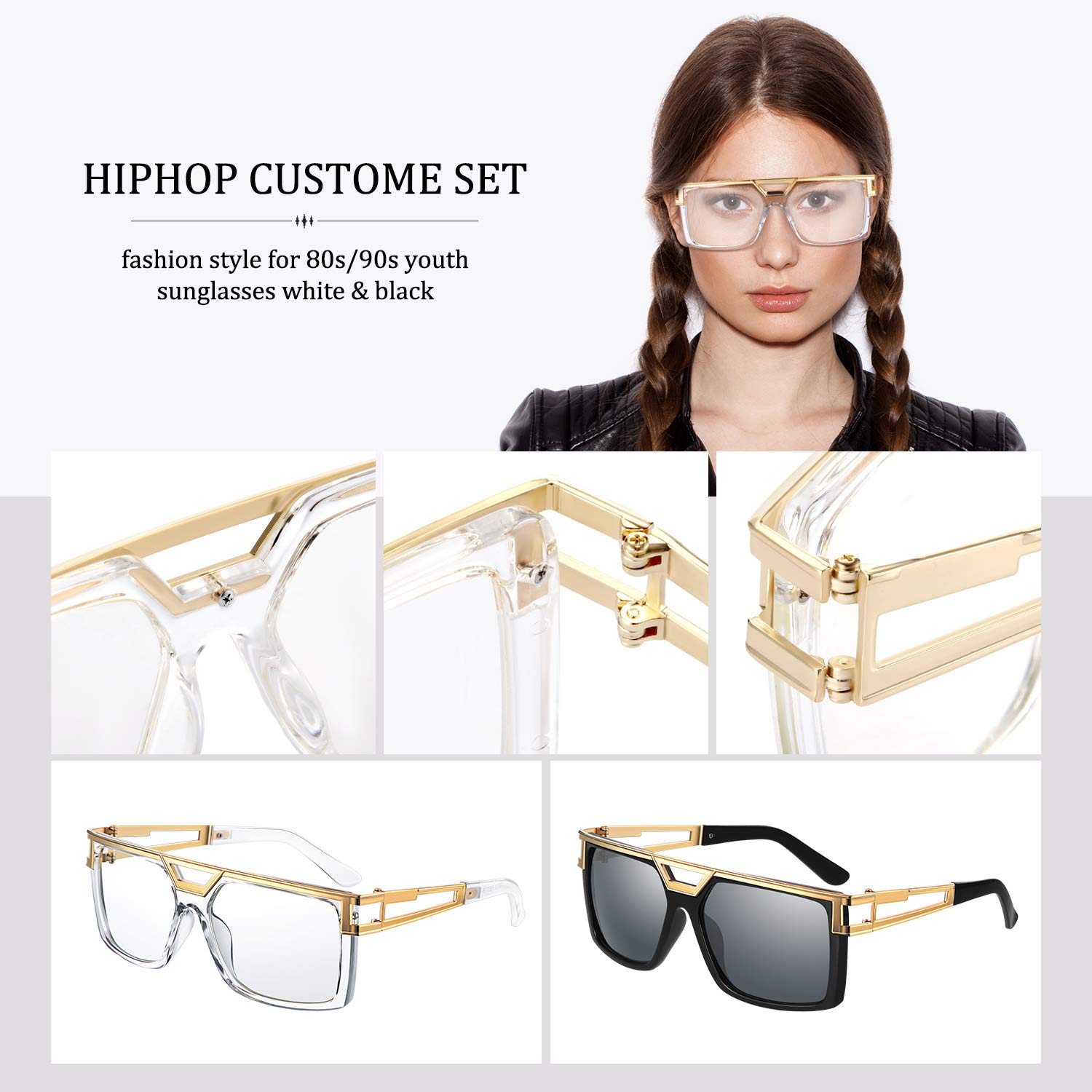 Hicarer 80s 90s Sunglasses Vintage Rapper DJ Hip Hop Glasses Retro Old School Glasses for Men Women (Black-Dark Grey, Clear)