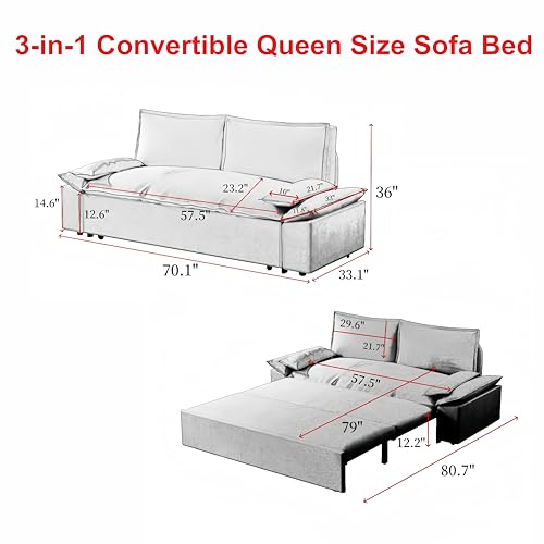 Eafurn 3 in 1 Multi-Functional Sleeper Sofa Bed Queen Size,Convertible Pull Out Loveseat Couch with Soft Pillow Armrest and Detachable Backrest,3 Seater Love Seat Lounge Sofa&Couches for Living Room