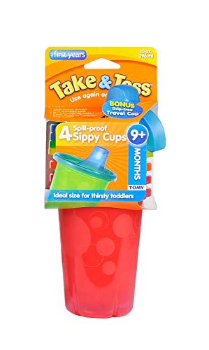The First Years Take & Toss Spill Proof Sippy Cups - Reusable Toddler Cups - Rainbow - Kids Cups and Snap On Lids for Ages 9 Months and Up - 4 Count