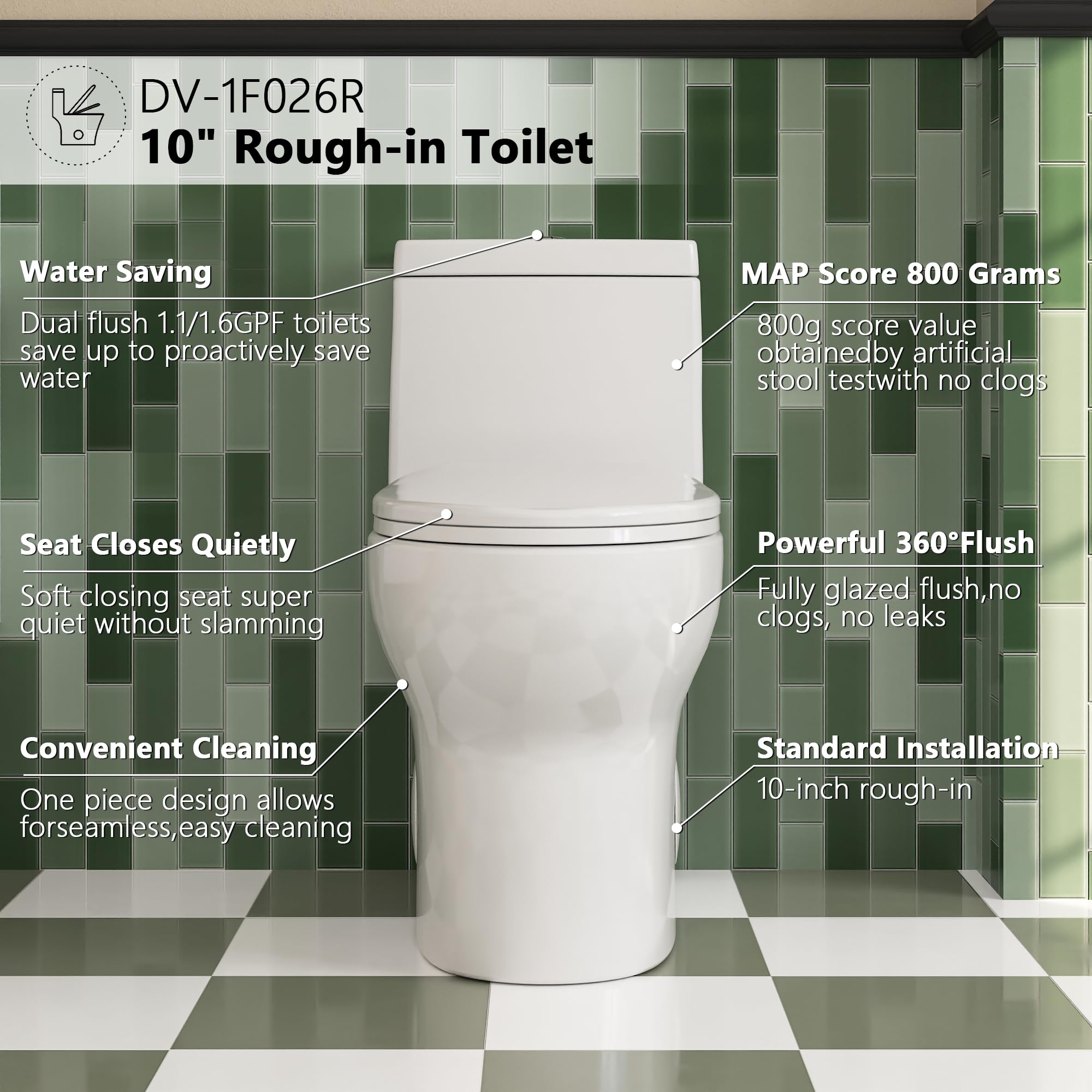 DeerValley DV-1F026R Elongated One Piece Toilet, Dual Flush 1.1/1.6 GPF Toilet with ADA Comfortable Seat Height, Powerful & Quiet Modern Standard Toilet for Bathroom, 10" Rough-In