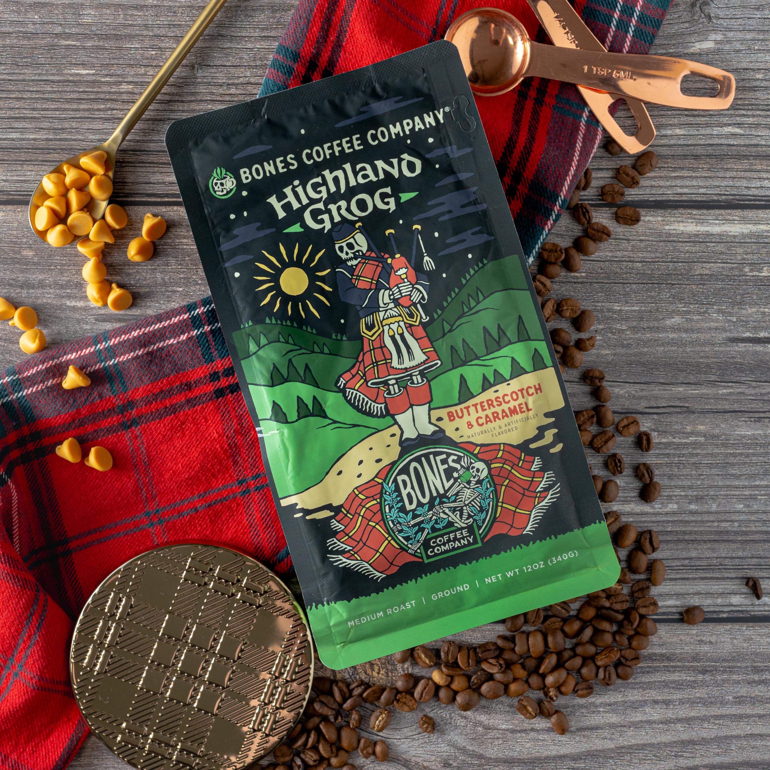 Bones Coffee Company Highland Grog Flavored Ground Coffee Beans Butterscotch Caramel Flavor | 12 oz Medium Roast Arabica Low Acid Coffee | Gourmet Coffee (Ground)