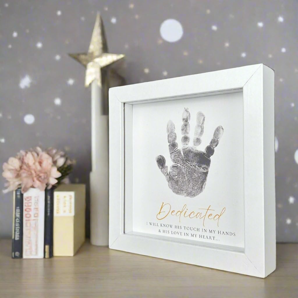 The Grandparent Gift Company- White Shadowbox Frame 6 x 6 Table or Shelf Frame with “Dedicated” Sentiment- Baby Handprint Dedication Gifts