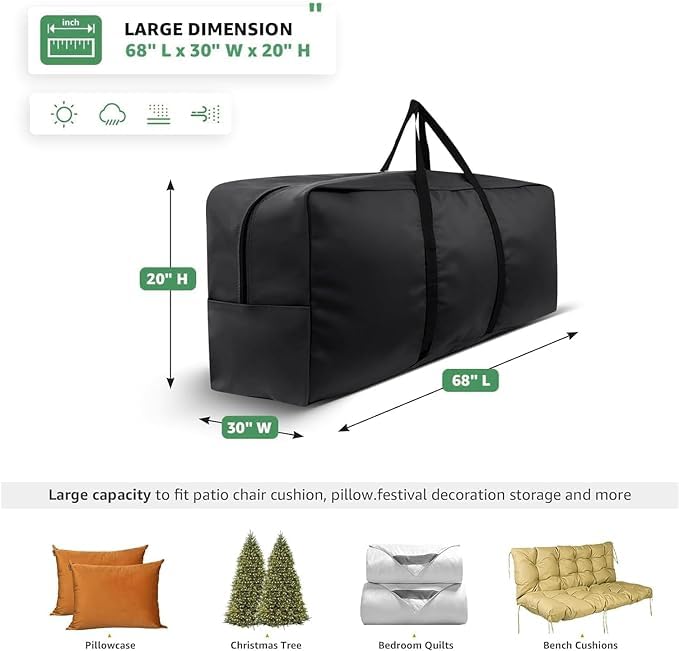 Garden Cushion Storage Bag 420D Waterproof 68" Rectangular Outdoor Patio Cushion Storage Bag — Outdoor Cushion Storage Bag with Zipper and Handles Extra Large Storage Bags 68" L x 29" H x 20" W Black