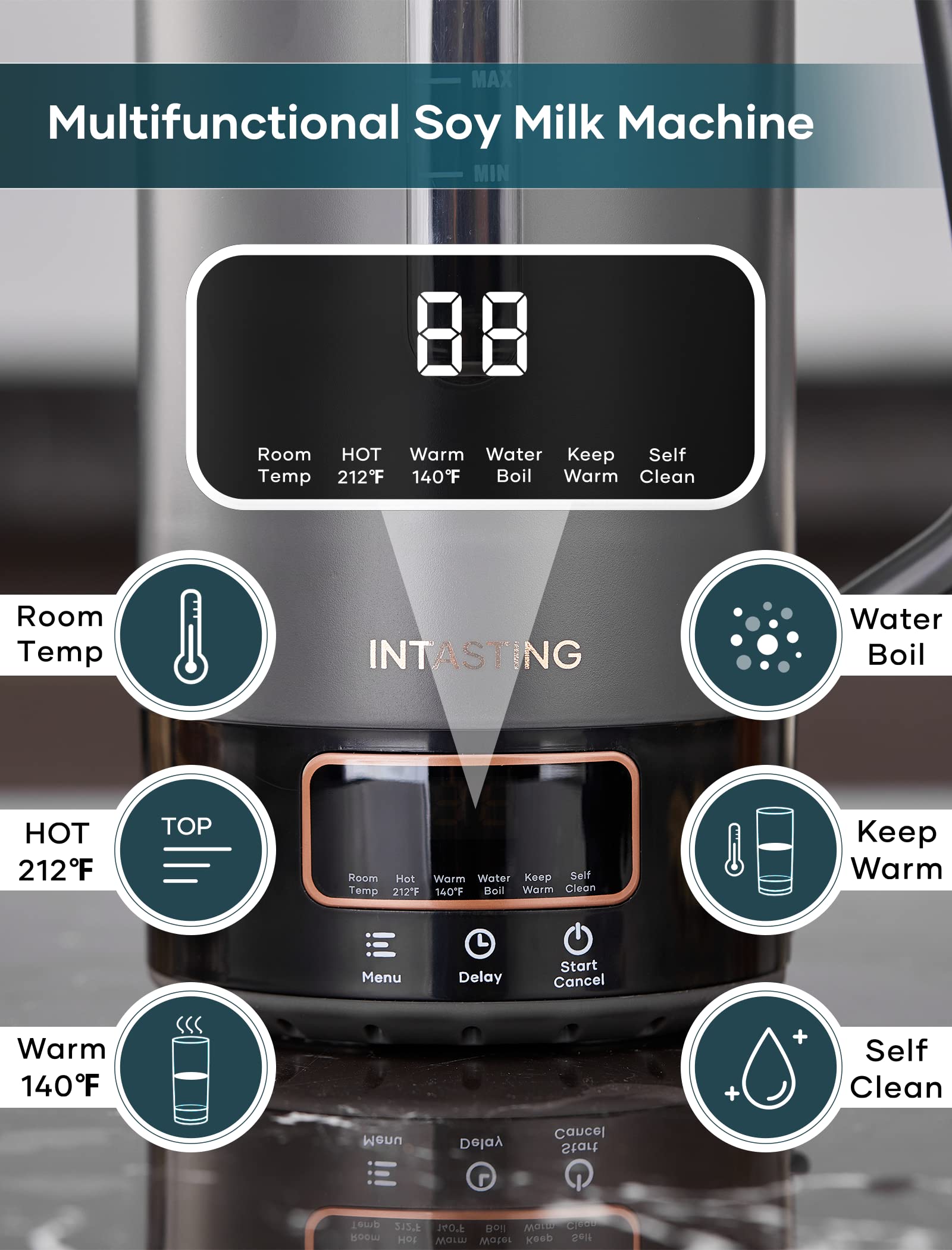 INTASTING Automatic Nut Milk Maker, Glass Inner, Homemade Almond, Oats, Etc Grain, Soy Milk Machine with 6 Preset, Keep Warm, Delay, Boil Water, Blende, Self-Clean, Boil-Dry Protection, Easy Clean