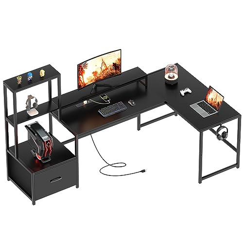 GreenForest 70 in L Shaped Desk with Drawers and Printer Stand and Queen Size Bed Frame Easy Quick Assembly