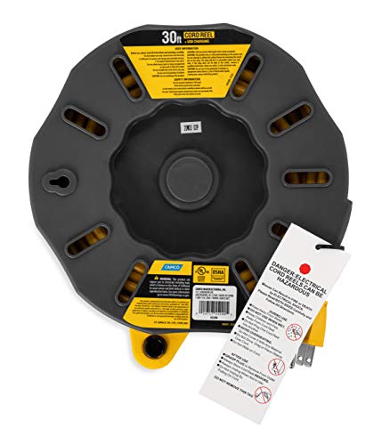 Camco Power Grip 30-Foot Extension Cord Reel with USB Charging Ports | Provides an Extended Length to Power Your Equipment and Devices | Features Multiple Built-in Power Outlets (55290)
