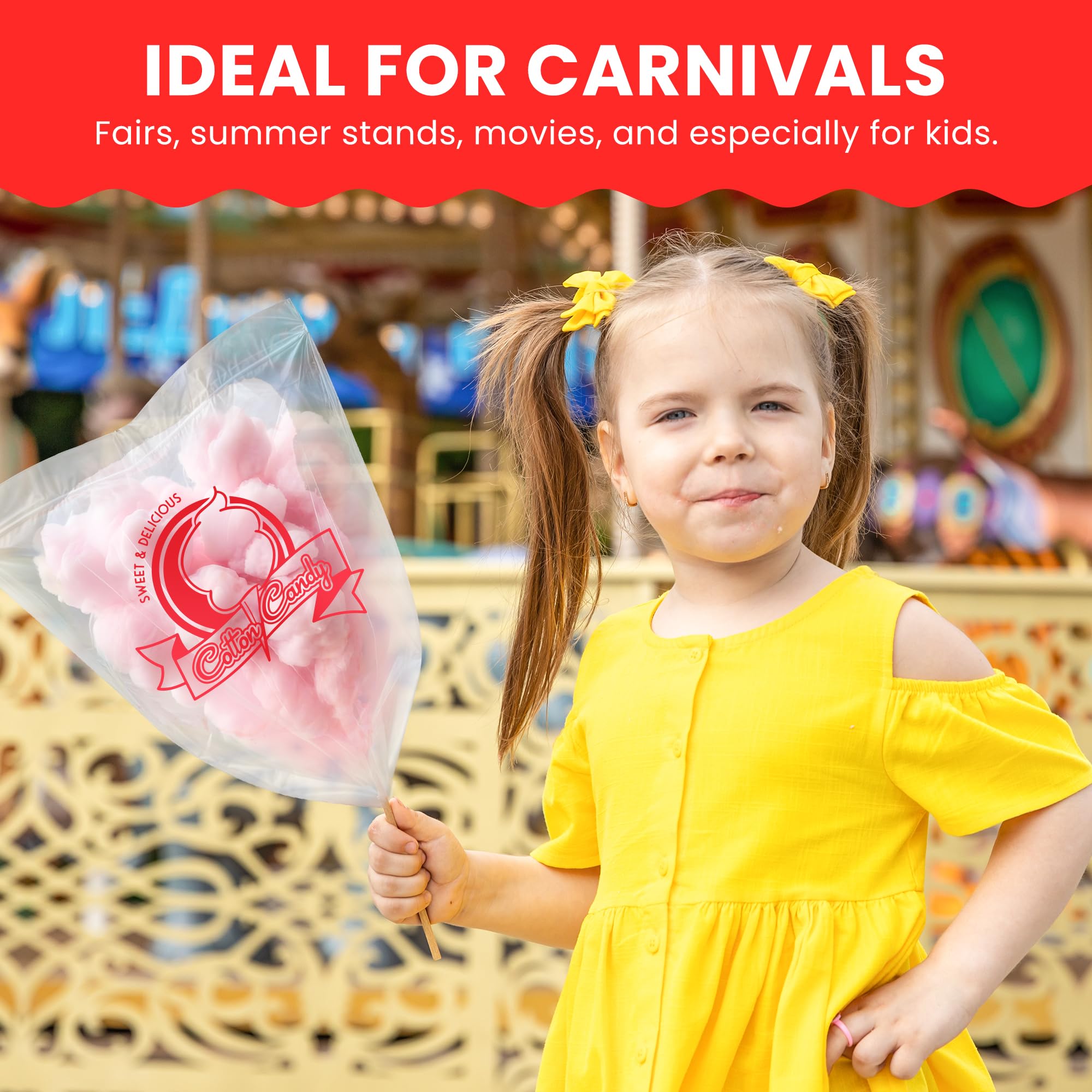 Clear Cotton Candy Bags with Ties, Bulk 500 Count, Cotton Candy Supplies Perfect for Cotton Candy Sticks and Cotton Candy Cones, Cotton Candy Bulk Individual Bags for Cotton Candy Stand Accessories
