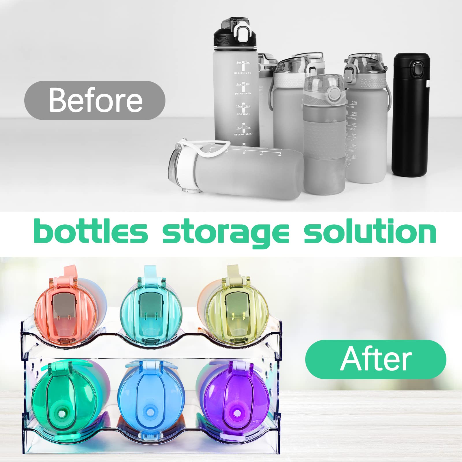 Boribim 2 Pack Stackable Water Bottle Organizer - Water Bottle Holder for Cabinet - Kitchen Pantry Organization and Storage Shelf, Plastic Fridge Wine Drink Racks, Tumbler Travel Mug Cup Organizer