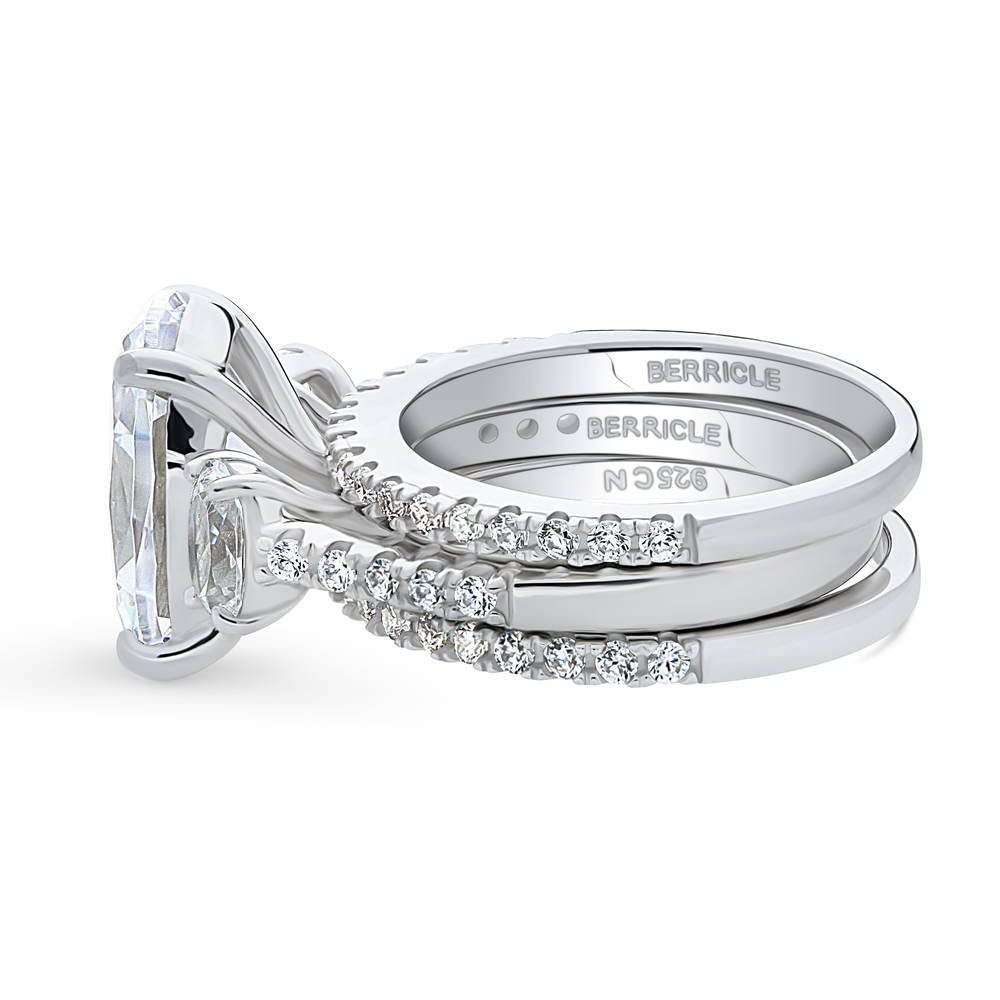 BERRICLE Sterling Silver 3-Stone Wedding Engagement Rings Oval Cut Cubic Zirconia CZ Ring Set for Women, Rhodium Plated Size 7
