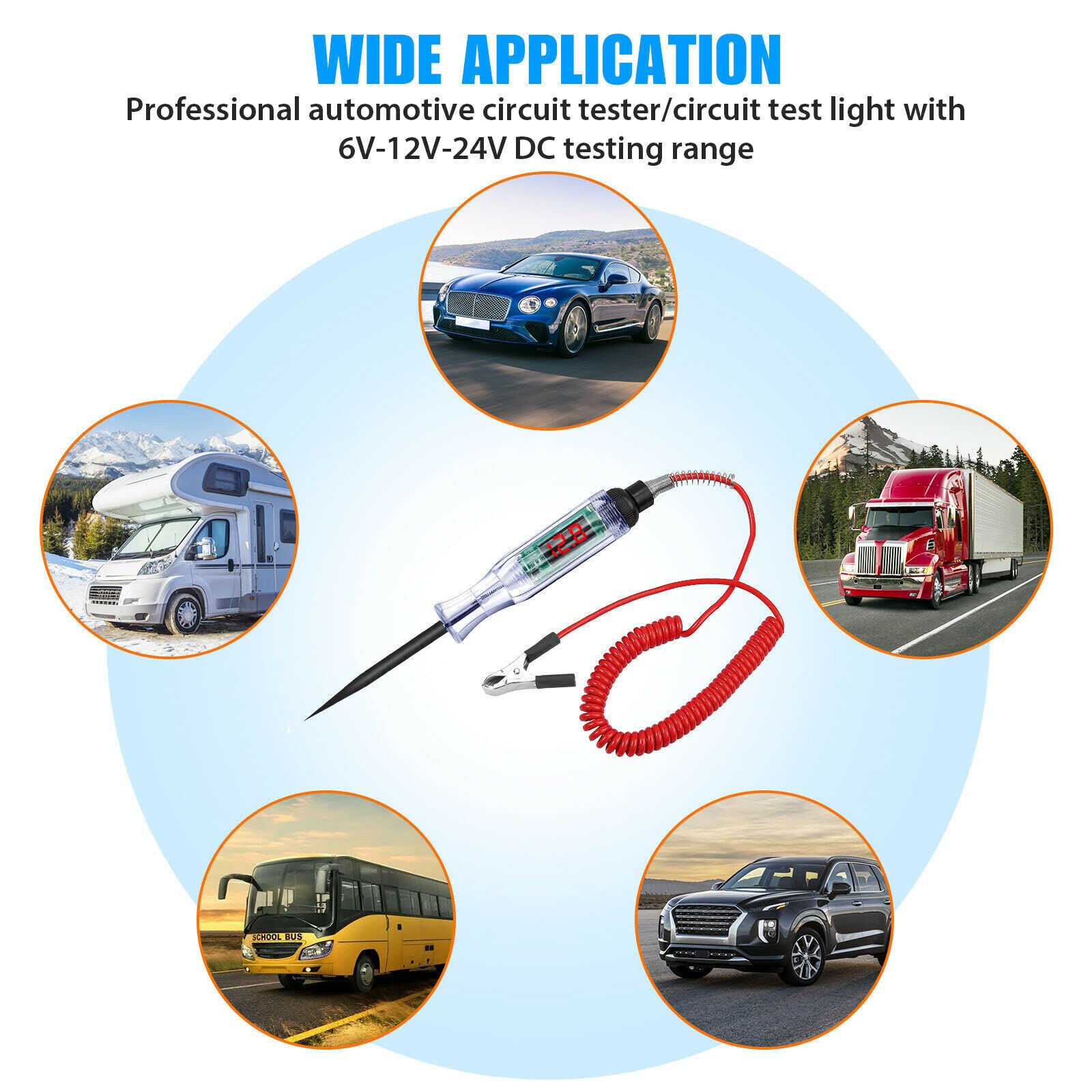 Car Truck Circuit Test Pen, 3-70V Digital Electric Circuit LCD Tester Test Light Car Truck Voltage Probe Pen, DC Voltage Test Light with Voltmeter & Portable Spring Wire (Black - (3-24V))