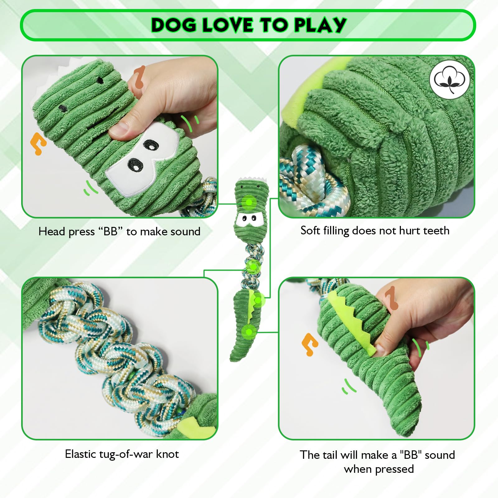 Dog Toy with Cotton Rope,Suitable for Medium to Large Dogs, Interactive Squeaky Dog Toys,Chew Toy Durable Plush Dog Toys,Durable Stress Relief Cute Alligator Shape