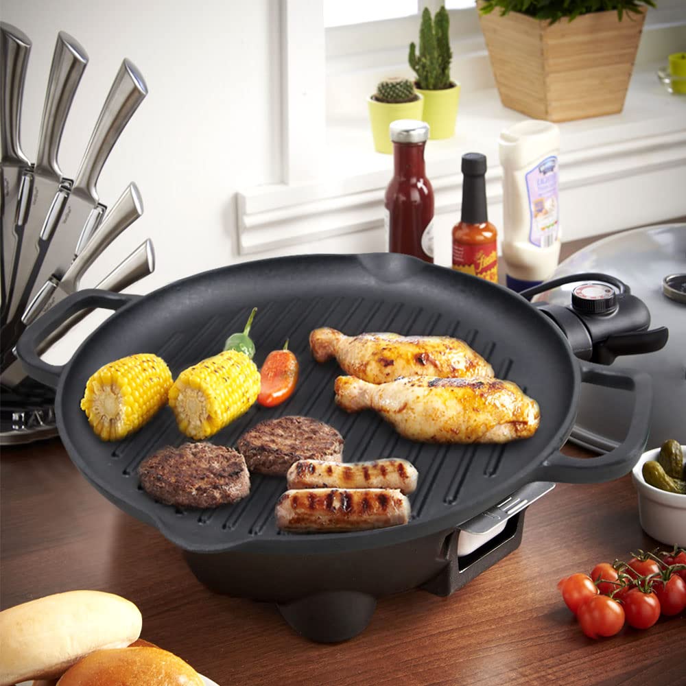 Cast Iron Grill Pan 12.6 inch Pre-Seasoned Cast Iron Griddle pan Dual Handles Cast Iron Skillets for BBQ Round Cast Iron Pan Griddle Pan for any Stove top and all Cooking tops