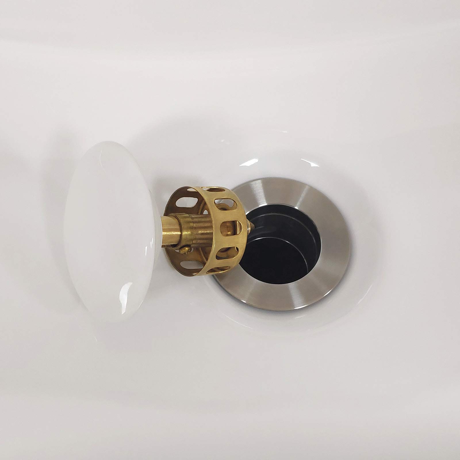 GZILA Vessel Sink Drain Without Overflow, White Pop-Up Drain with Basket Stopper, Bathroom Vanity Ceramic Brass Strainer Hair Catcher, Anti-Clogging Brushed Nickel, Porcelain Cap