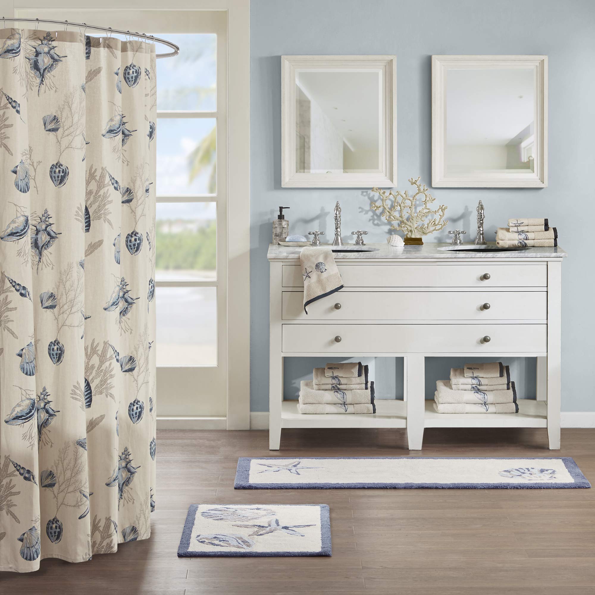 Madison Park Bayside 100% Cotton Tufted Non-Slip Absorbent Ultra Soft Seashells Beach Style Bath Mat Bathroom Rugs, 21X34" Inches, Blue, 1 Piece