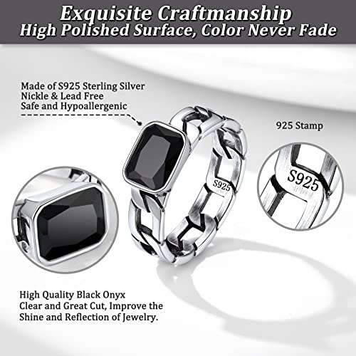 Bestyle Silver Black Onyx Ring - Sterling Silver Band Ring Index Middle Finger Stacking Doom Ring, Cuban Link Chain Band Ring with Black Crystal, Great Birthday Gift for Her, Size 8