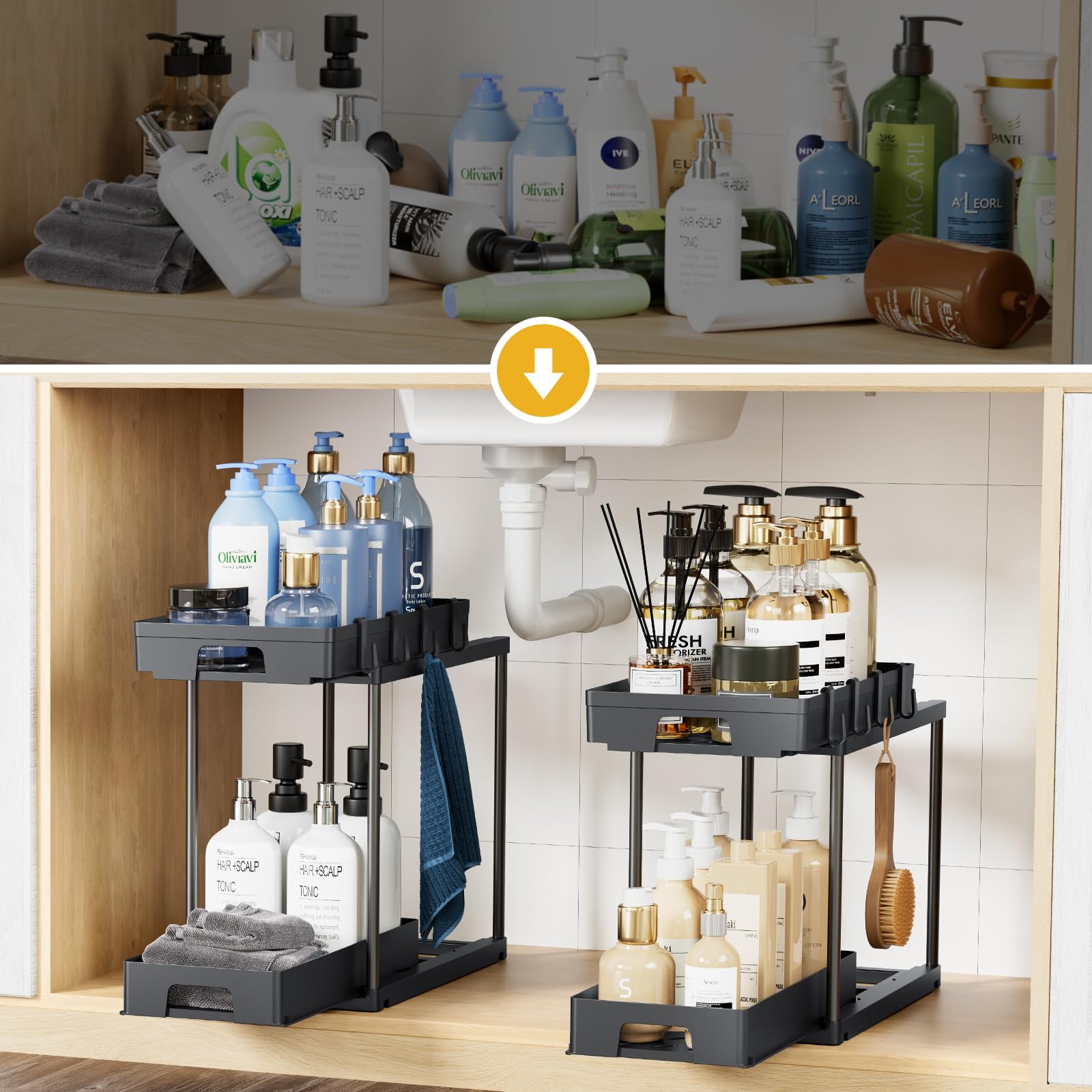 Delamu Under Sink Organizers and Storage, 2 Pack Pull Out Kitchen Bathroom Cabinet Organizer, 2 Tier Black Under Sink Storage for Bathroom Kitchen, Under Counter Storage Organizer with 8 Hooks