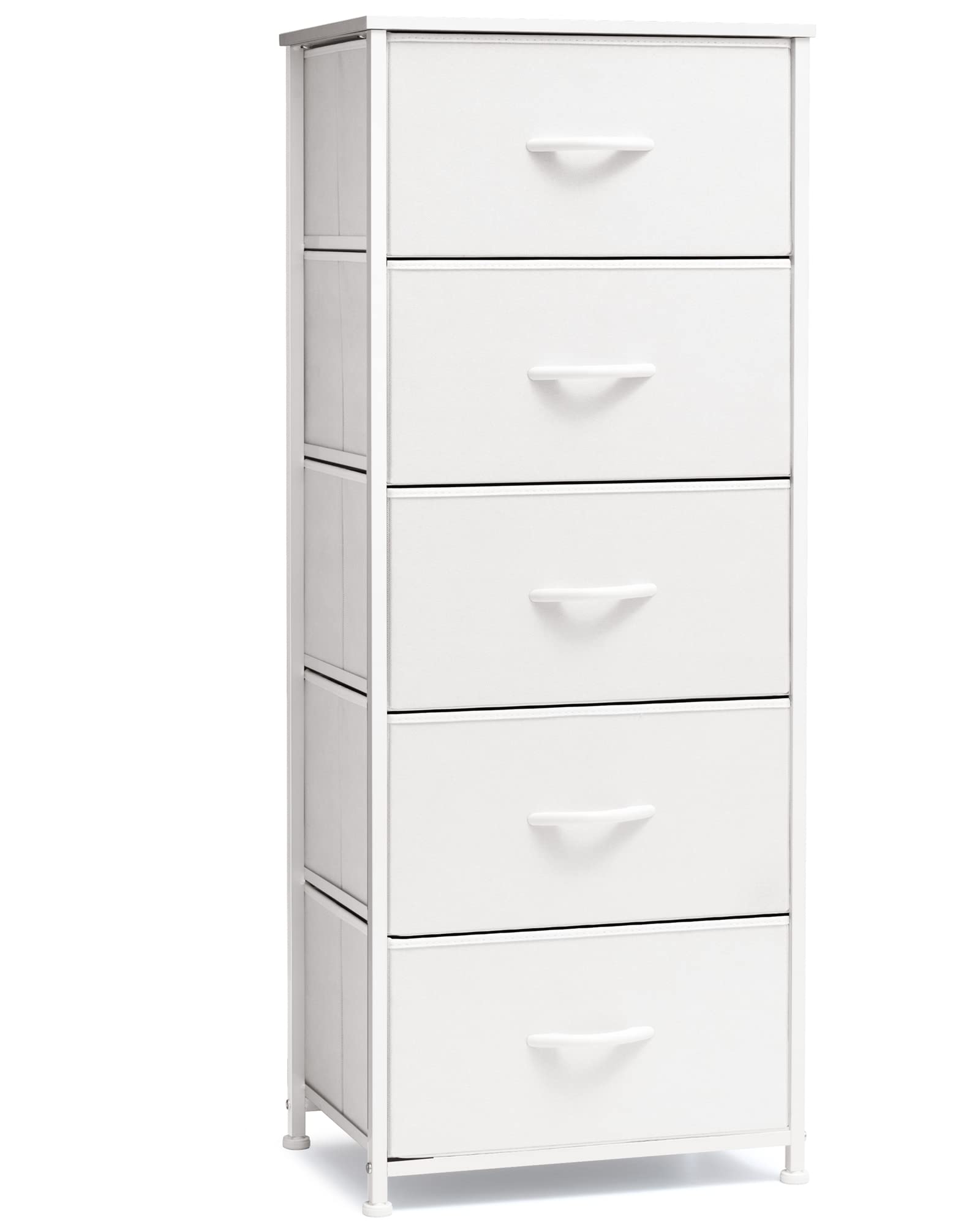 Crestlive Products Tall Dresser Vertical Storage Tower - Sturdy Steel Frame, Wood Top, Easy Pull Fabric Bins - Organizer Unit for Bedroom, Hallway, Entryway, Closets - 5 Drawers(White)