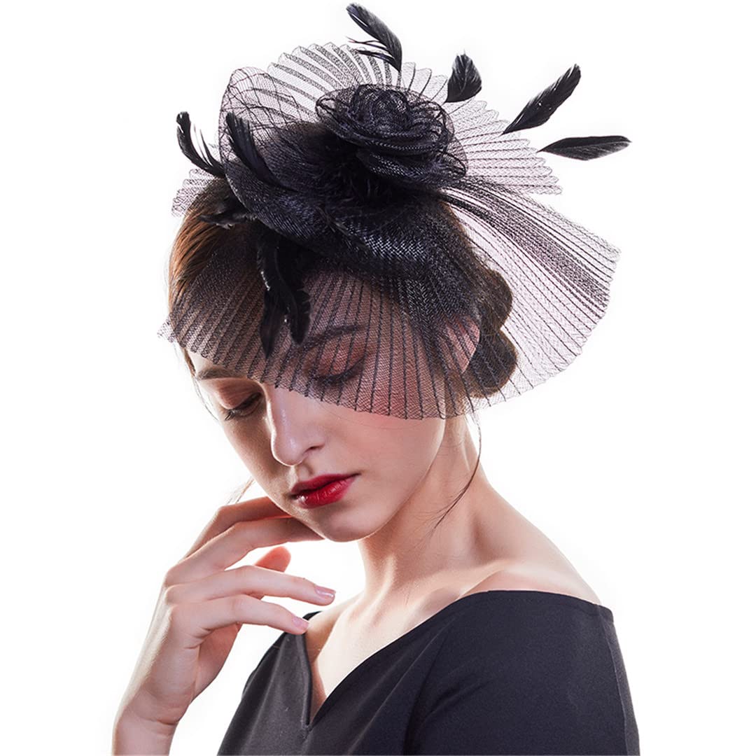 Black Hats Party Reticulate Feather Hats Stripe Wedding Hair Accessories Women Girls Hats Black