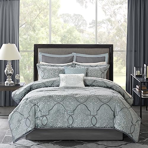 Madison Park Lavine Cozy Bed in a Bag Comforter Set, Traditional Luxe Jacquard Design All Season Down Alternative Bedding with Cotton Bed Sheets, Bed Skirt & Pillows, Queen Blue 12 Piece