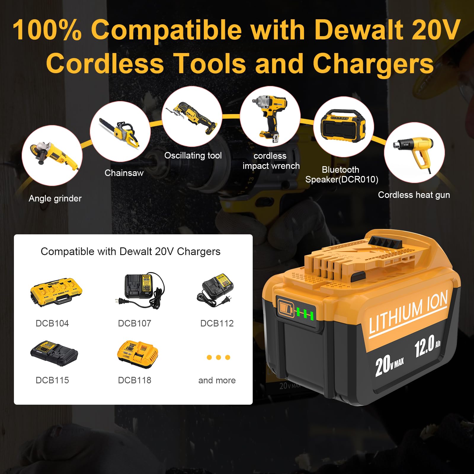 DCB210 Replacement for Dewalt 20V MAX XR Battery 12.0Ah Compatible with Dewalt 20V Lithium Ion Battery DCB205 DCB206 Compatible with Dewalt 20 Volt Battery DCD/DCF/DCG/DCS Series Cordless Power Tools