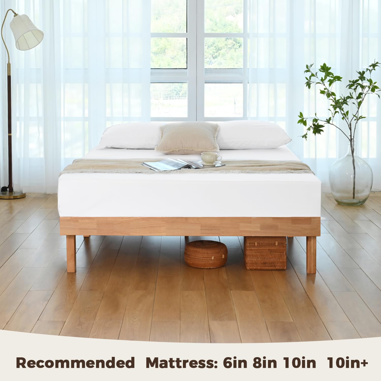 DELAVIN Solid Wood Platform Bed Frame, Modern Queen Bedframe, Oak Wood Foundation, Wood Slat Support, No Box Spring Needed, Easy Assembly, Queen Size, Rustic Pine