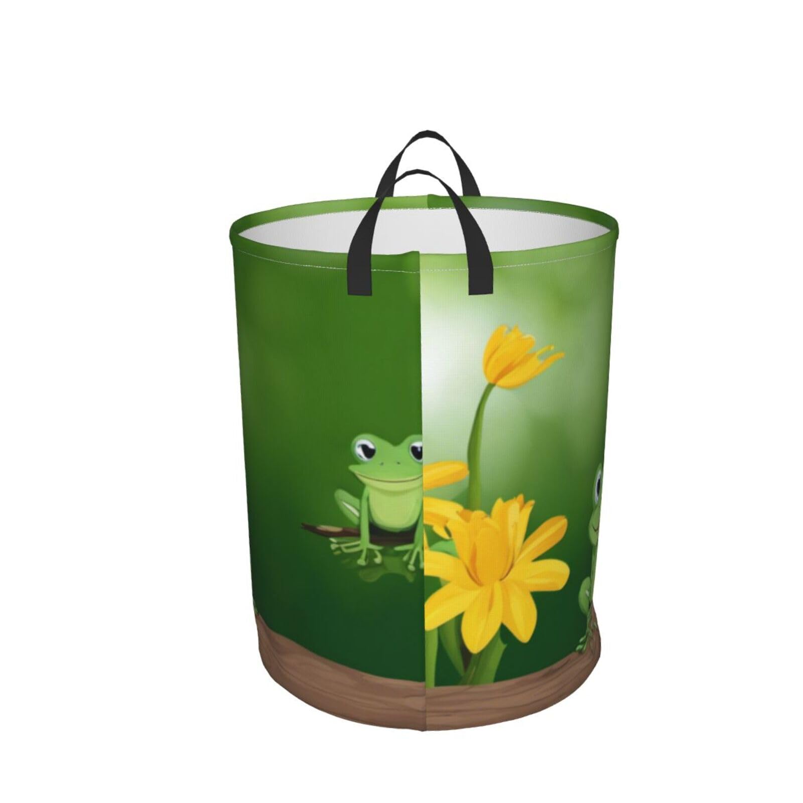 Delerain Frog Yellow Flower Laundry Basket, Waterproof Laundry Hamper with Handles, Collapsible Toy Bins Dirty Clothes Round Storage Basket for Home Bathroom Office Nursery, 19.6X15.7(M)
